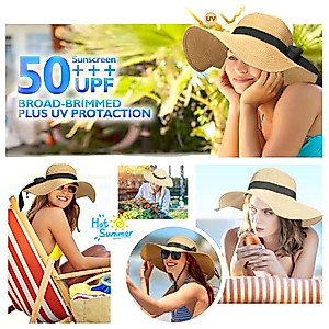 Foldable Beach Sun Hat for Women, UV Protection Wide Brim Straw Visor Hats, Fashionable Boho Hats for Girls, Outdoor Tribe Sun Hats for Travel Gardening Beach Light Khaki