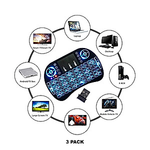 3 Pack Wireless Mini Keyboard and touchpad Mouse 2.4GHz Backlit Universal Remote Controller for Gaming Rechargeable Li-ion Battery for Google Android TV Xbox, PS3, PC, Windows Roku iptv Gaming