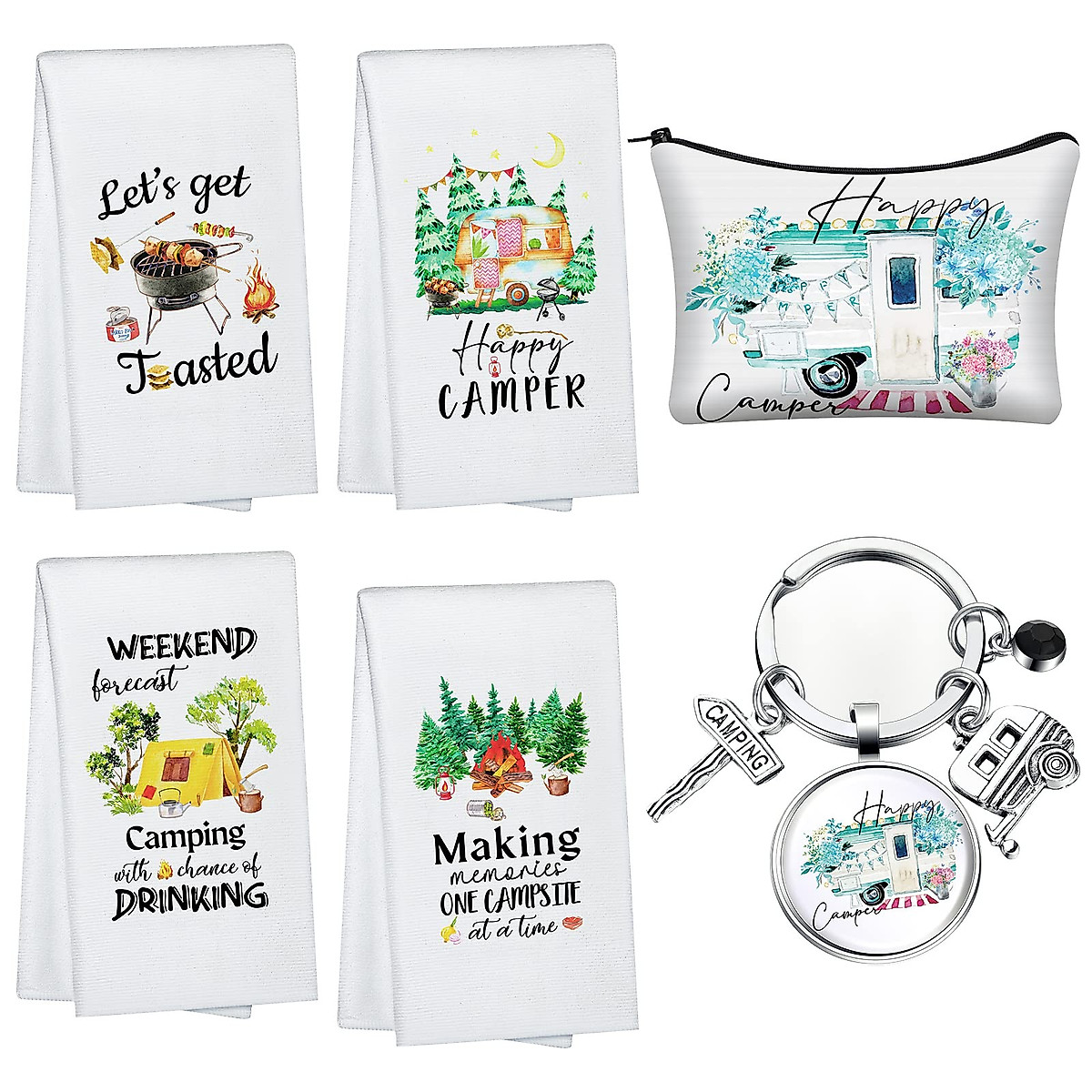 6 Pcs Camping Kitchen Towels Camping Accessories Set Funny Dish Towels, Camper Keychain, Camper Makeup Bag with Funny Sayings Novelty Gifts for Campers Camping Accessories Christmas Camper Gifts