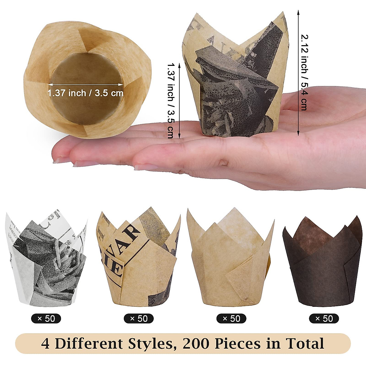 Ruisita 200 Pieces Mini Tulip Baking Cups Muffin Liners Cupcake Wrapper Muffin Liners for Party, Wedding, Baby Shower, Brown, Natural, White