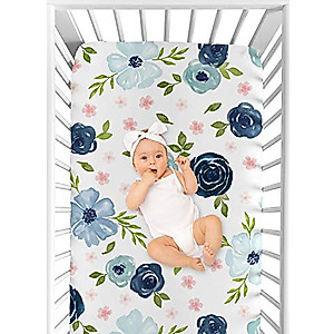 Sweet Jojo Designs Navy Blue and Pink Watercolor Floral Girl Fitted Crib Sheet Baby or Toddler Bed Nursery - Blush, Green and White Shabby Chic Rose Flower