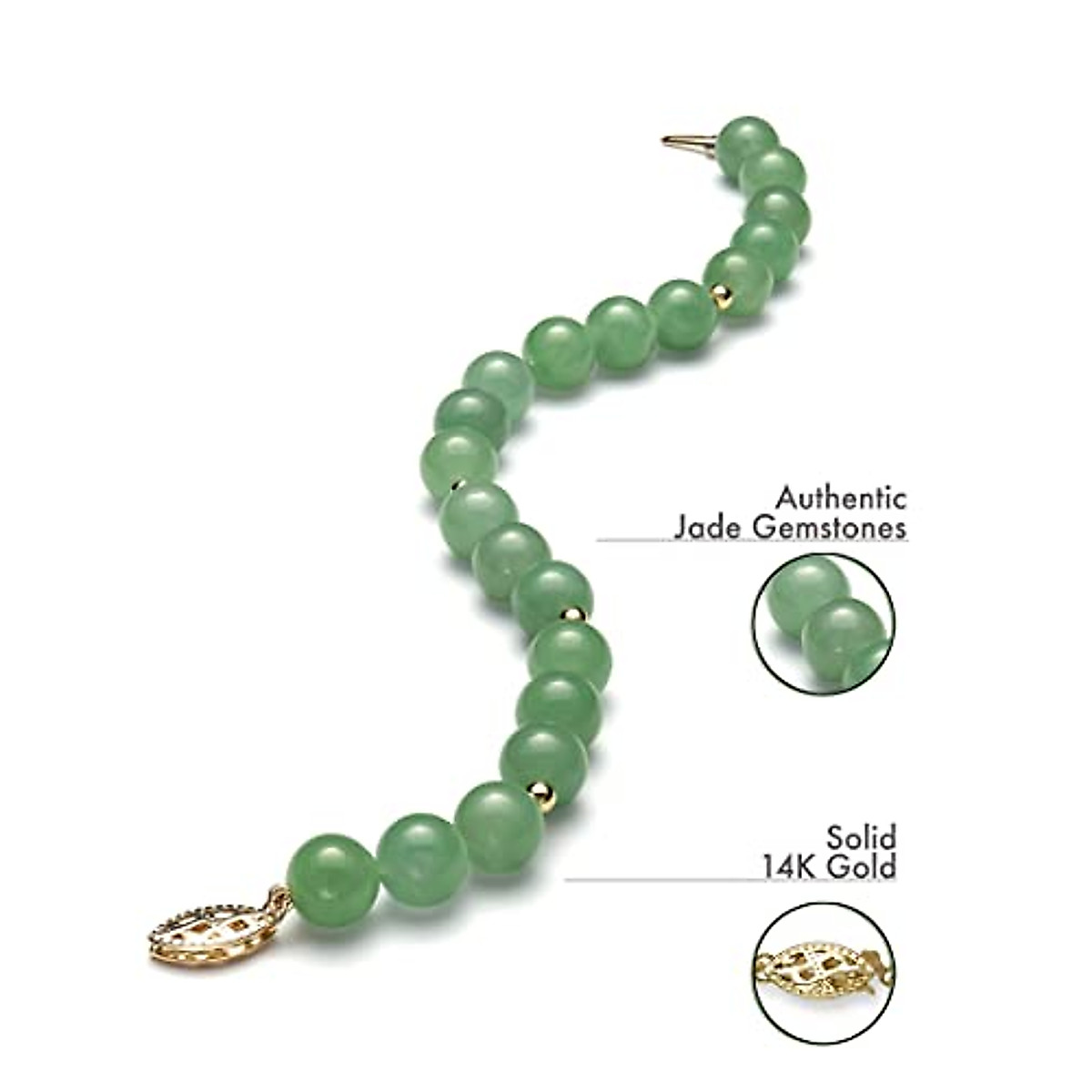14k Gold Natural Green Jade Bead Bracelet, 7.5"