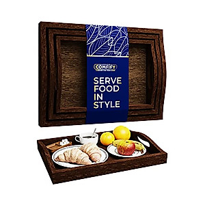 Farmhouse Wood Serving Trays Set of 3 - Stained Wood Brown | Stylish and Functional Platters for Exquisite Food Presentation | Rustic and Durable Kitchen Accessories