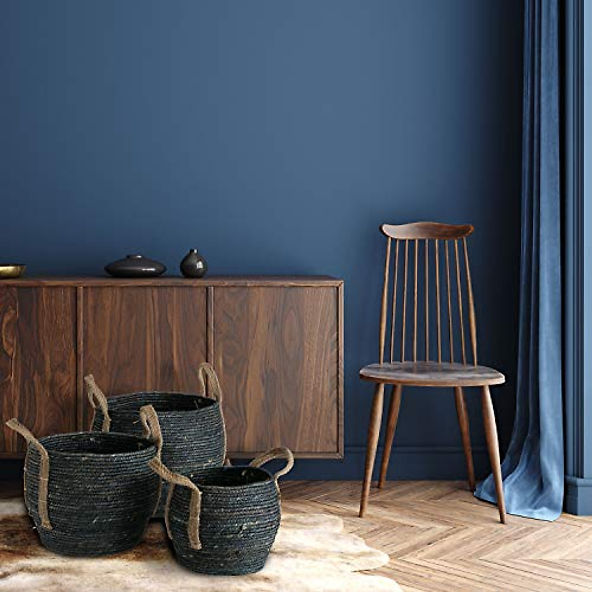 Rustic Black 3 Piece Basket Set, Floor and Shelf Organizers, Corn Husk Wicker, Durable, Coiled Rope Weave, Handles, Stitched, Reinforced, Rustic Home Decor, Round, 13.75, 11, 9 Diameter Inches