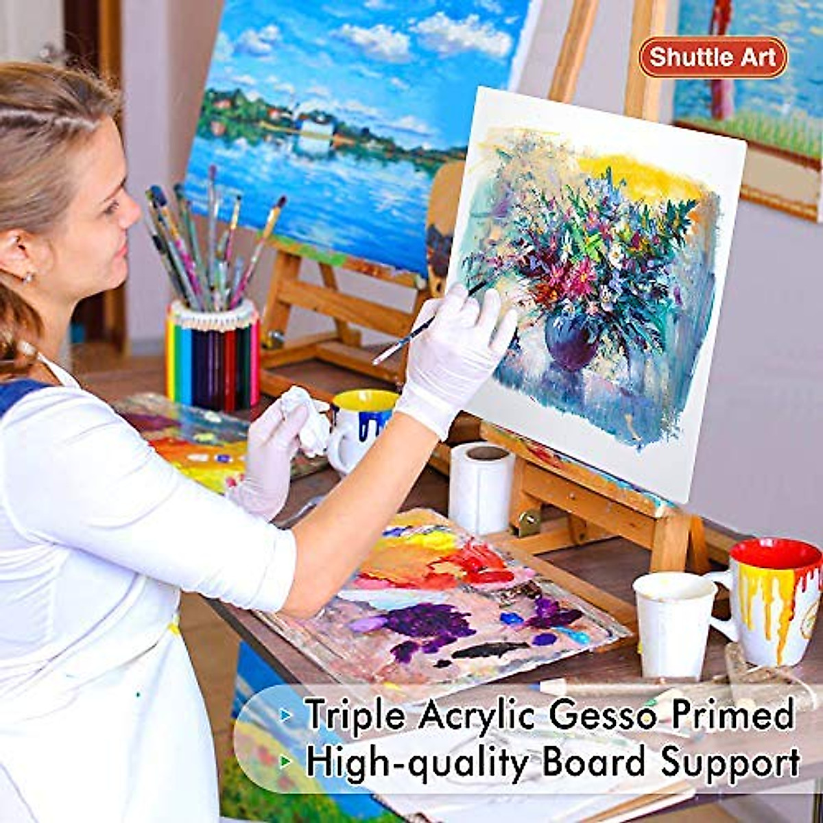 Shuttle Art Painting Canvas Panel, 52 Multi Pack, 5x5, 6x6, 8x8, 10x10 inch (13 PCS of Each), 100% Cotton Art Canvas Board Primed White, Blank Canvas for Kids Adults for Acrylic Oil Painting