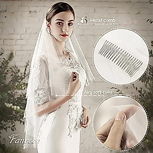 Fangsen Wedding Bridal Veil with Comb 2 Tier Tulle Short Wedding Veil Fingertip Length （ 2T Fingertip Light Ivory）