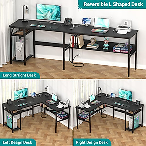 Hyomdeck Reversible L Shaped Computer Desk with Power Outlets and USB Charging Ports, Sturdy Corner Desk with Storage Shelf, Modern Work Gaming Table for Home Office, Easy to Assemble, Black