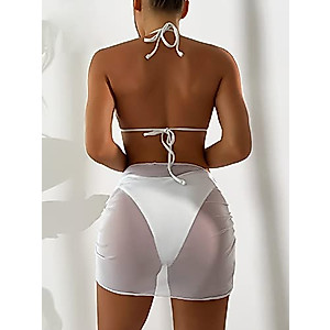 WDIRARA Women's Ring Halter Triangle Bikini Swimsuit 3 Piece Tie Back with Cover Up Bathing Suit White XXL