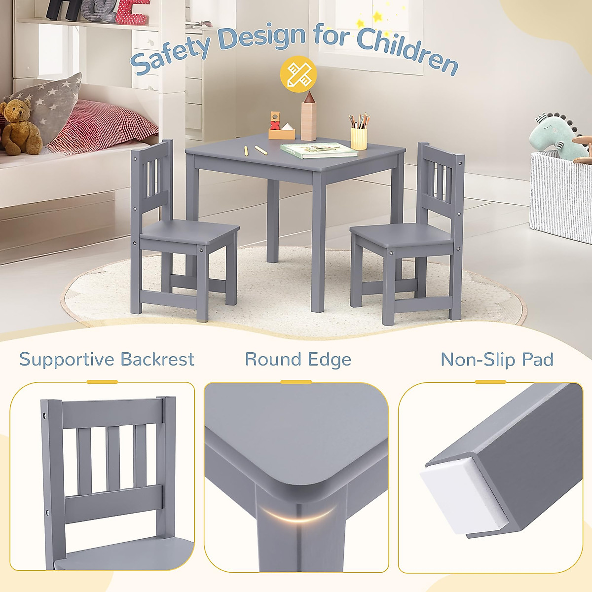 Curipeer Toddler Table and Chair Set, Kids Table and Chairs, Kids Table with Rubber Wood Legs for Children, Toddler Table and 2 Chairs for Kid's Room, Bedroom, Playroom (Gray)