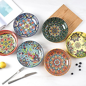 KitchenTour Pasta Bowls, 30 oz Large Ceramic Salad Bowls Set of 6, Colorful Porcelain Serving Bowl Set - 8.2 Inch Wide and Shallow Bowl for Kitchen - Dishwasher and Microwave Safe