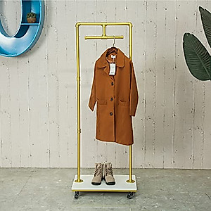 MDEPYCO Clothing Store Rolling Garment Rack with Wheel,Industrial Pipe Clothing Storage Display Rack,Floor-Standing Hanging Rods Hangers Clothes Shelves (Gold)