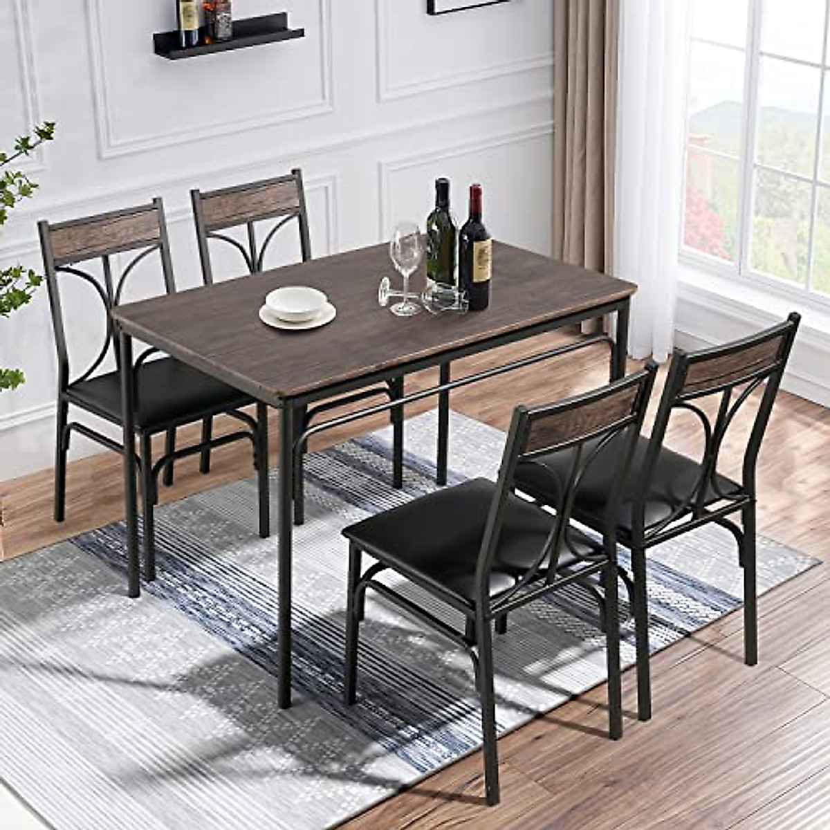 VECELO 5 Piece Kitchen Room Chairs Set for Home, Dinette, Breakfast Nook, Farmhouse, Small Space, Dining Table for 4, Dark Brown