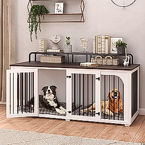 Large Dog Kennel Furniture for 2 Dogs,74.8'' XXL Wooden Double Dog Crates Cage Furniture Style with Divider for Large Breed with Storage Rack Shelf TV Stand Table Indoor,White