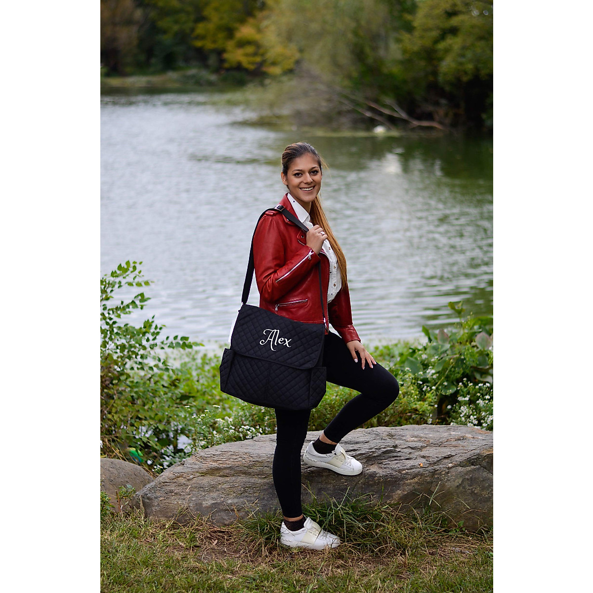 Dream Embroidery PERSONALIZED Large Diaper Bag Messenger Bag Baby Shoulder Bag Monogram (Black)