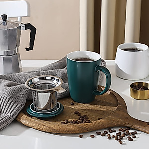 Candiicap Ceramics Tea Cup with Loose Leaf Infuser, Spoon and Lid, 13oz, Large Tea infuser Mug for Tea, Coffee, Milk-Microwave and Dishwasher Safe(13oz,Matte Green)