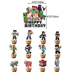 Pixel Themed Birthday Party Supplies, Pixel Style Birthday Banner, Gamer Balloons, Pixel Cake and Cupcake Toppers for Boys Miner Video Game Theme Party Decorations