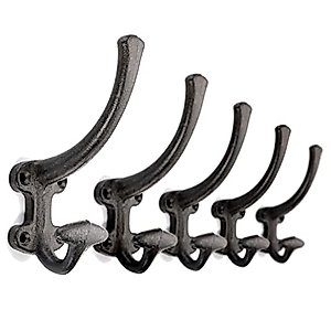 Ambipolar 5-Pack Decorative Cast Iron Heavy Duty Double Wall Hooks, Vintage Hooks in Antique Black Coat Hooks Wall Mounted for Mudroom, Hat Rack, Purse Hooks