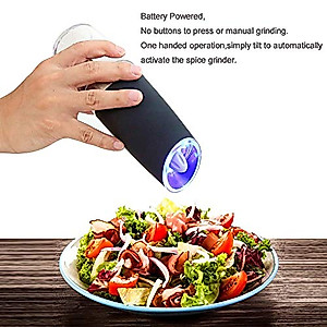 Electric gravity pepper grinder or salt grinder with adjustable thickness, automatic pepper grinder battery, with blue LED light, DLD one-hand operation, brushed stainless steel (1 piece Black)