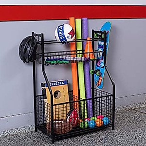 BirdRock Home Sports Equipment Ball Storage Rack for Garage - Baseball, Tennis, Football, Gym and Basketball Gear Organizer - Rack - Wide Bin Basket - 4 Hooks - Tools Garden Shovels Rack - Indoor