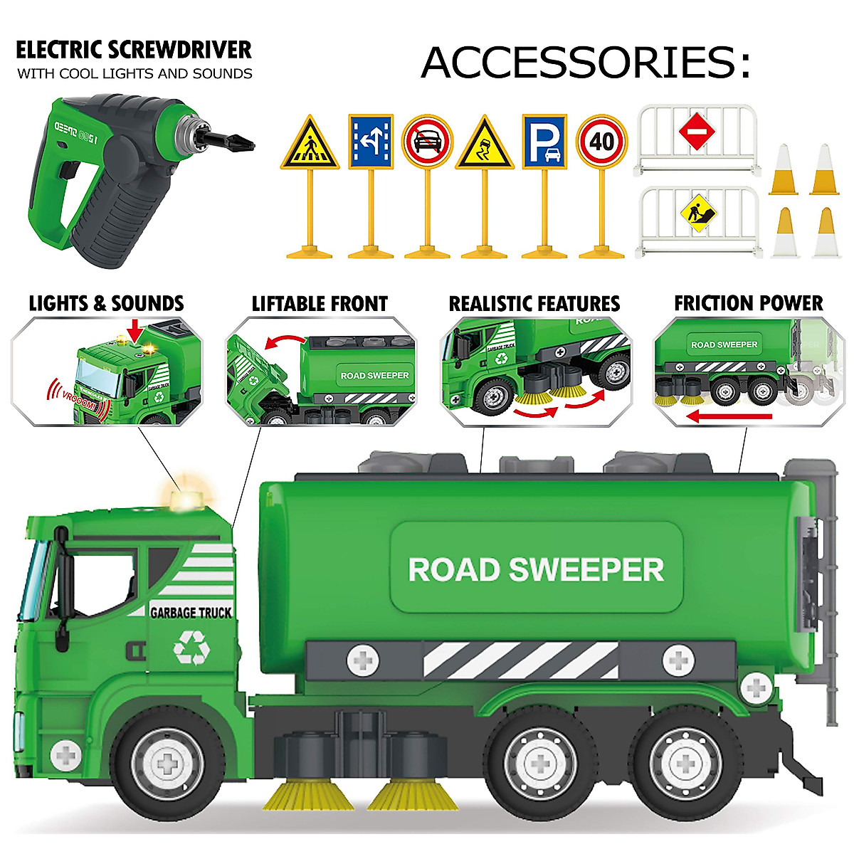 Street Sweeper Toy - 130 Pcs Friction Power STEM Take Apart Toys with Drill, Push & Go Lights & Sounds for Kids - Sanitation Trash Construction Vehicle Playset for Boys Ages 4 5 6 7 8 Years Old
