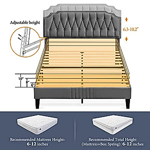 Yaheetech Queen Bed Frame Velvet Upholstered Platform Bed with Curved Headboard, Height-Adjustable Headboard/Noise-Free/Wooden Slats Support/No Box Spring Needed/Easy Assembly, Dark Gray Queen Bed