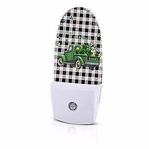 Carosoffe St. Patrick's Day Green Truck Plug in Night Light, Dusk to Dawn Sensor, Lucky Clovers Vintage Black and White Checkered LED Nightlights for Bedroom, Bathroom, Hallway, Decorative Wall Light