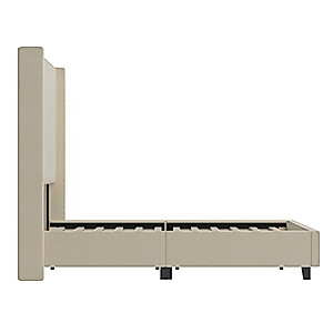 Merrick Lane Bramlett Modern Full Size Platform Bed Frame with Padded Faux Linen Upholstered Wingback Headboard and Wood Support Slats in Beige