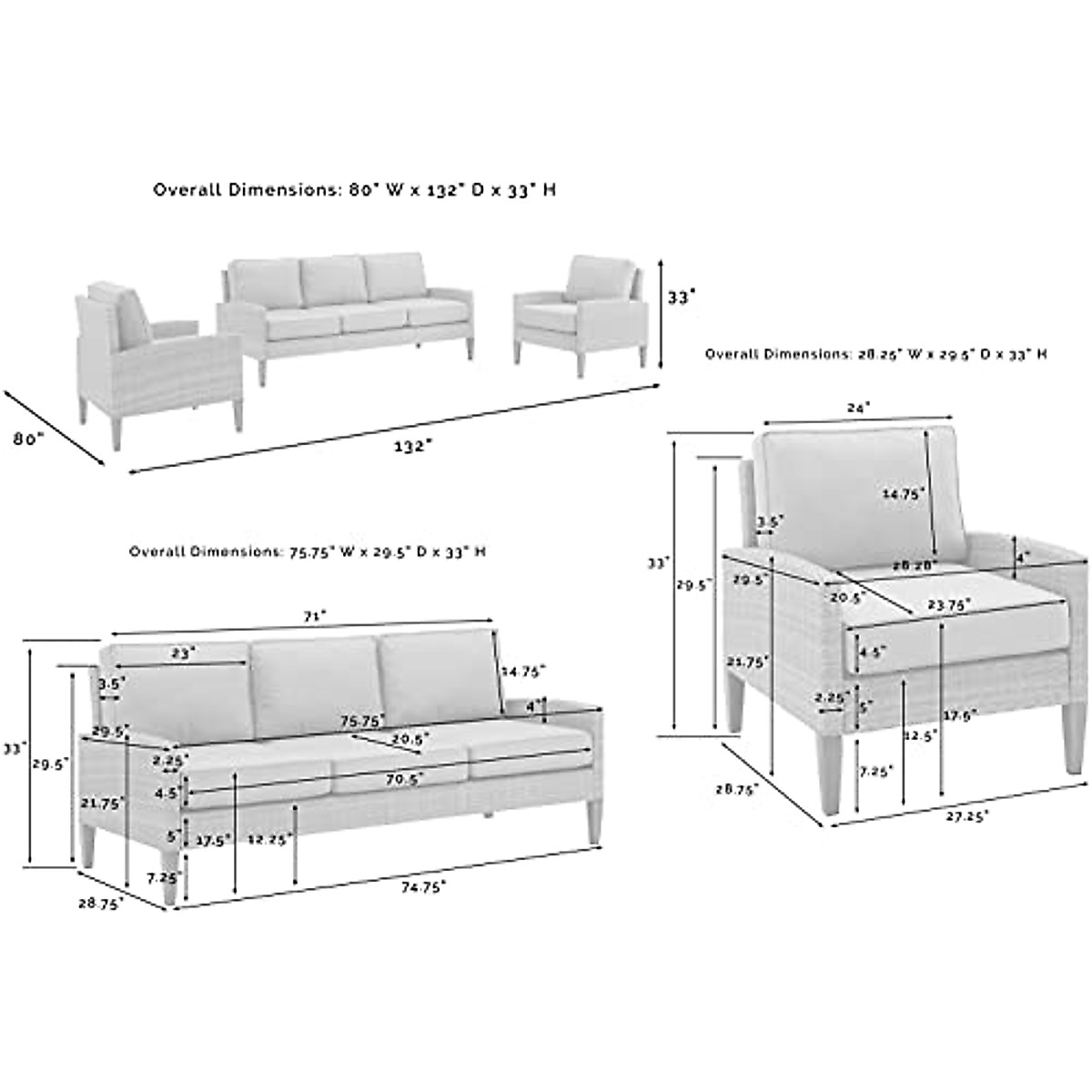 Crosley Furniture KO70193BR-CR Capella Outdoor Wicker 3-Piece Sofa Set (Sofa, 2 Armchairs), Brown with Creme Cushions