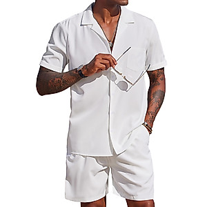 COOFANDY Men's 2 Pieces Shirt Set Short Sleeve Button Down Casual Hippie Holiday Beach T-Shirts Shorts Outfits (01-White, Medium)