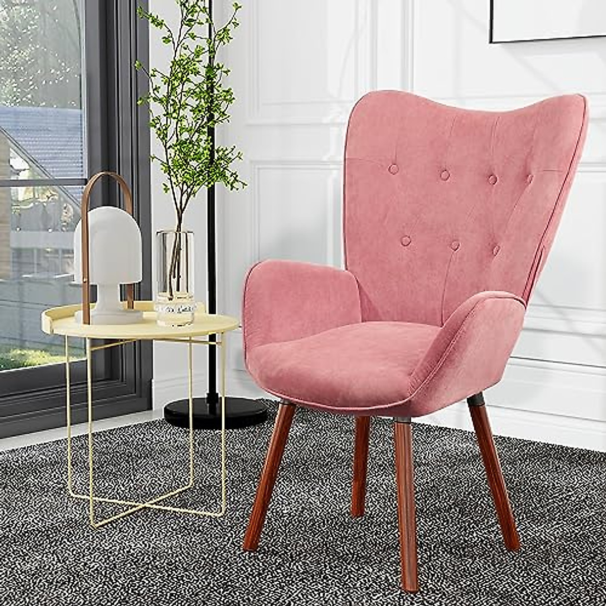 Fangflower Rose Velvet Accent Chair, Modern Button-Tufted Wingback Vanity Seat with Arms, Upholstered High-Back, Sturdy Wooden Legs for Bedroom, Lounge, Living Room