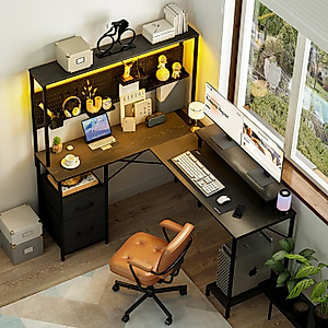 Yoobure L Shaped Desk with Pegboard, Reversible Gaming Desk with LED Lights & Power Outlets, Computer Desk with Drawers & Storage Shelves, Office Desk with Monitor Stand Corner Desk Home Office Desks
