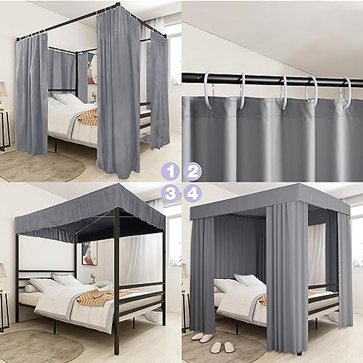 Kmhesvi Grey Canopy Bed Curtains - 4 Corner Post Bed Curtains Canopy King Bed Canopy Curtains for Adults Girls Bedroom Decoration(Grey, King)