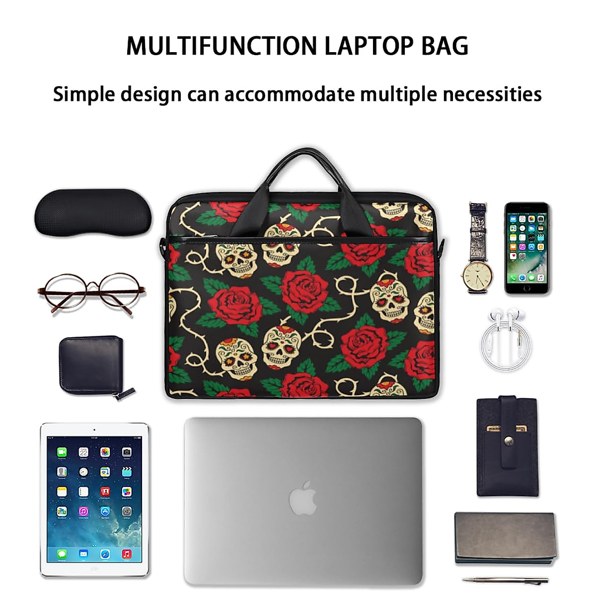 Hallween Skull Laptop Computer Bag Waterproof Shoulder Messenger Bag 13-15 inch Durable Laptop Tote Bag with Shoulder Strap Handle Lightweight Crossbody Briefcase