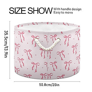 Krafig Cute Ribbon Bow Round Collapsible Storage Basket, Large Toy Storage, Laundry Baskets, Open Home Storage Bins for Toy Organizer, Home Decor, Clothes, Toys