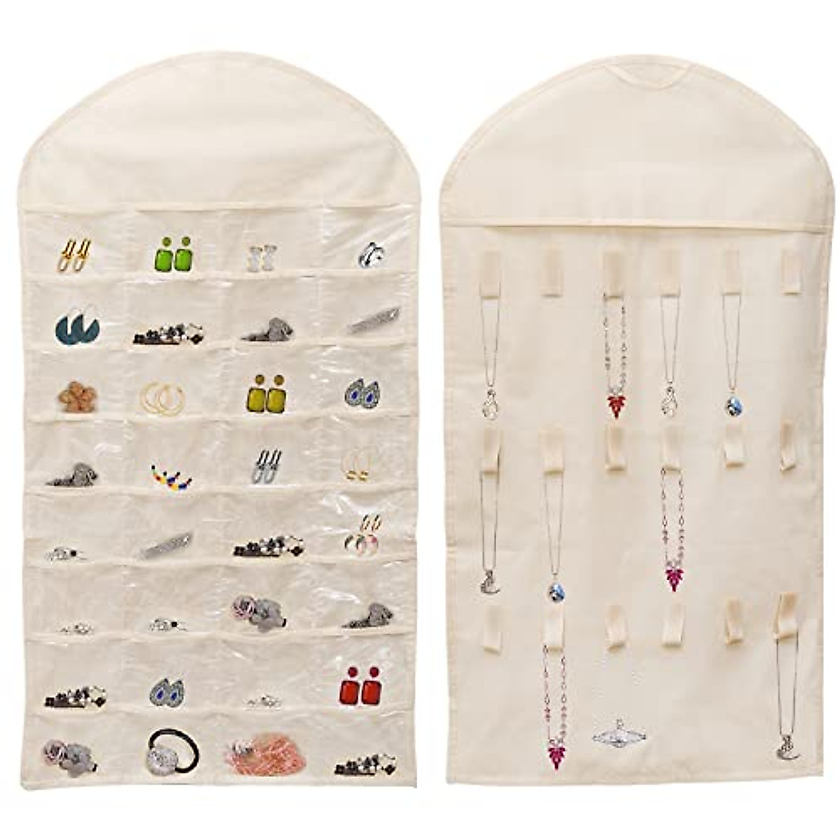 Foraineam 4 Pcs Hanging Jewelry Organizer, 32 Pockets 18 Hook and Loops Double Sided Jewelry Display Storage Bag, Travel Jewelry Organizer Holder for Necklace Bracelet Earring Ring Chain Knitting Tool