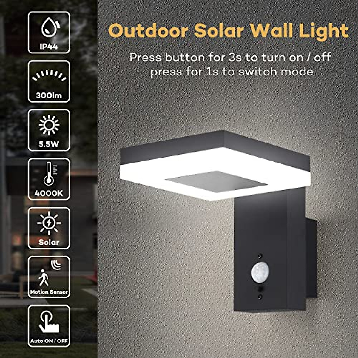 TJCoLUX Outdoor Solar Wall Light with Motion Sensor, 3 Modes IP44 Waterproof 4000K Exterior Aluminum Black Wireless Light Fixture for Garden, Yard, Porch, Patio