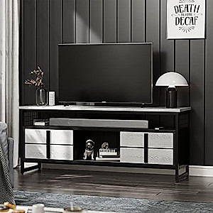 YITAHOME Modern TV Stand for TVs up to 65 Inch, Entertainment Center with Shelf, Wood TV Media Console with Sturdy Metal Legs for Living Room, 300lbs Capacity, White Oak/Black, 59.5"