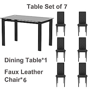 Yoglad Dining Table and Chairs, Dining Table/Chairs Set, Clean-Cutting Faux Leather Chairs, Simple Style Table with Tempered Glass Top, for Kitchen & Dining Room (Black, Chairs*6 & Table*1, Set of 7)