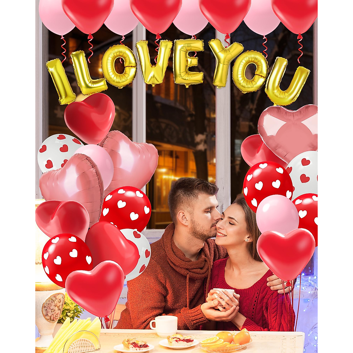 Lutoys Valentines Balloon Kit Decor with I Love You Balloons, Heart Balloons with 1000 Pcs Silk Red Rose Petals for Valentines Day Decorations Romantic Proposal Wedding Anniversary Decorations