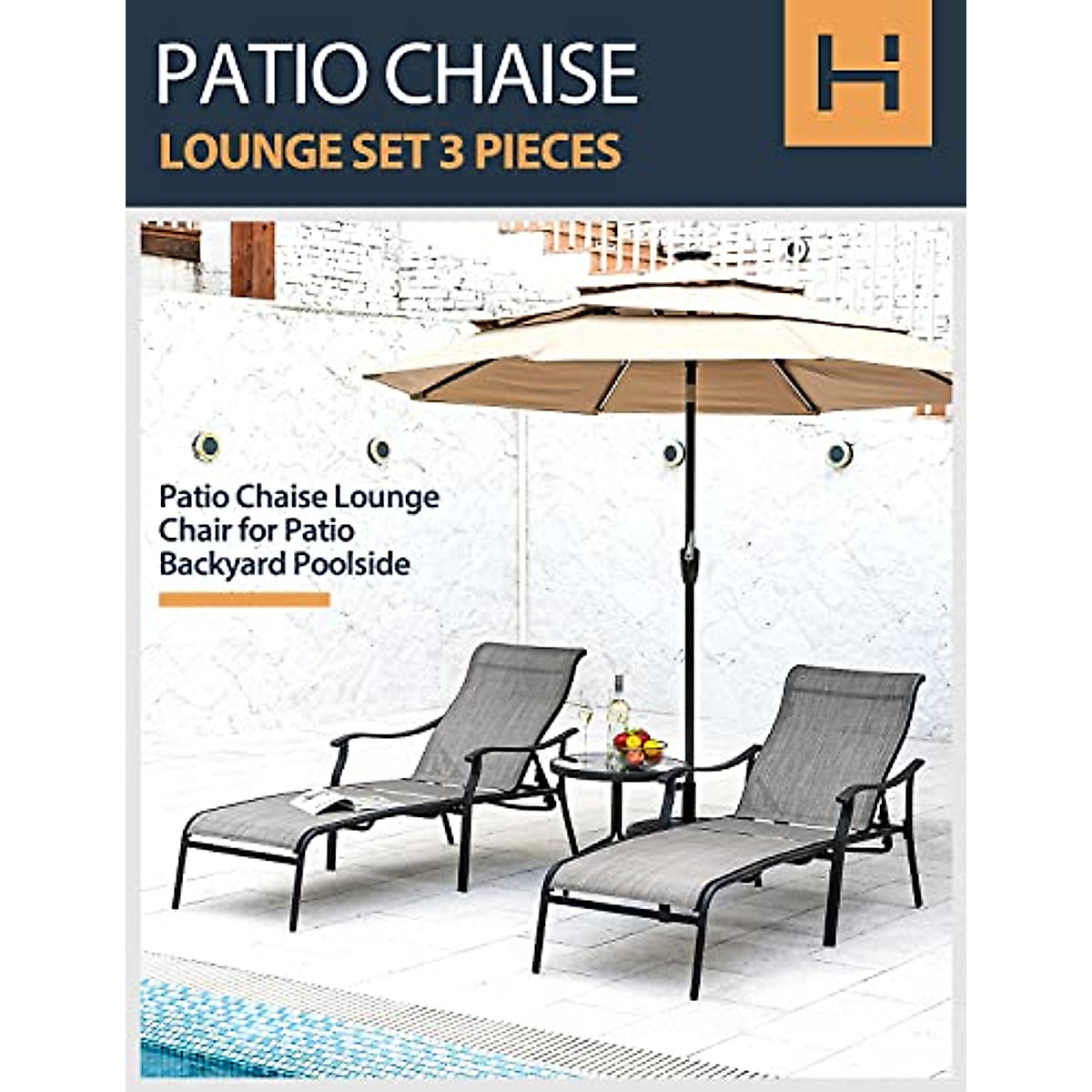 HAPPATIO Patio Chaise Lounge Set 3 Pieces,Patio Lounge Chair with Glass Coffee Table,Pool Lounge Chair with Breathable Textilene Fabric,Patio Chaise Lounge Chair for Patio Backyard Poolside(Gray)