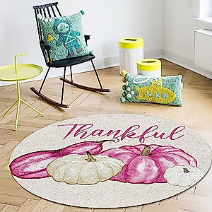Large Round Area Rug for Living Room Bedroom, 3ft Non-Slip Rugs for Kids Room, Pink White Pumpkins Fall Thanksgiving Washable Carpet Floor Mat for Home Nursery Room Decor