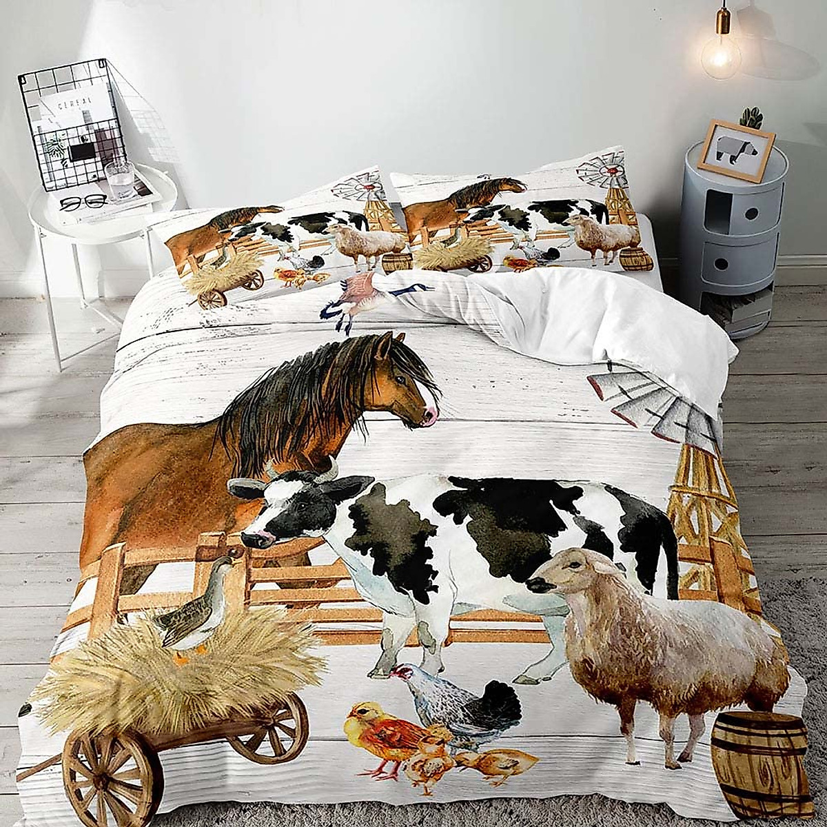 LUVIVIHOME 3PCS Horse Duvet Cover Full Bedding Set, White Duvet Cover, Sheep Chicken Cow Print Bedding, Rustic Farmhouse Bedding, Country Farm Animal Comforter Bedspread Quilt Cover, 2 Pillow Shams