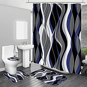 MitoVilla 4 Pcs Modern Bathroom Sets with Shower Curtain and Rugs, Striped Shower Curtain Sets with Rugs for Bathroom Decor, Bathroom Decor Curtain Sets with Mats and Accessories, Navy Blue and Black