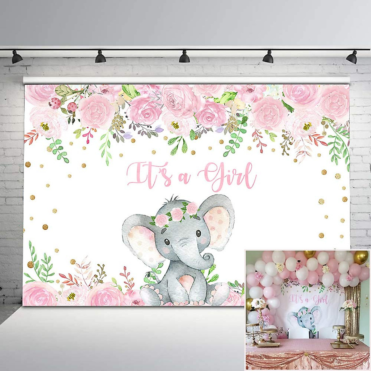 Mocsicka Elephant Baby Shower Backdrop Girl Pink Floral Little Elephant Baby Shower Background 7x5ft Blush Pink and Gold Sprinkle Elephant Baby Shower Backdrop Decorations for Girls
