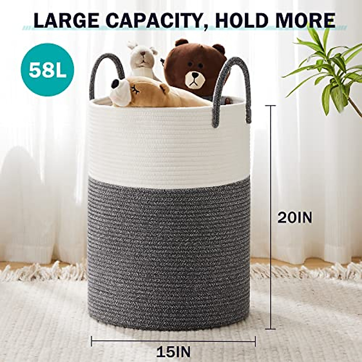 YOUDENOVA Cotton Rope Laundry Hamper Basket, 58L Tall Woven Collapsible Baskets for Blanket Organizing Clothes Hamper for Laundry Room Storage