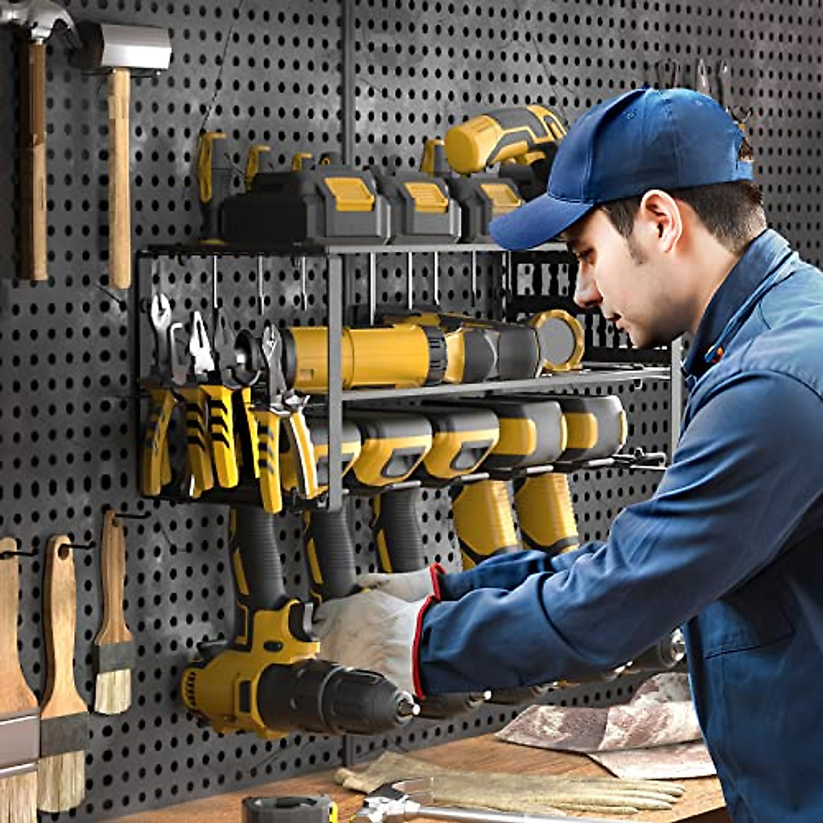 Power Tool Organizer Wall Mount, 5 Slot Cordless Drill Holder Battery Charging Station Storage Rack, Multi-function Garage Pegboard Tool Organizer for Tidying Up Parts Bin, Wrench, Pliers, Screwdrivers, Bit