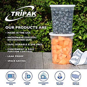 Specialty Quality Packaging TRIPAK Plastic Microwaveable Food Containers with Lids 32 oz BPA Free Stackable Leakproof Microwave/Dishwasher/Freezer Safe
