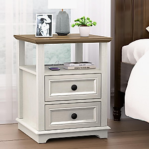 REDAYFUR 24” Tall Nightstand with Charging Station Set of 2, Fast Charge End Table Set of 2, Large 18” Bedside Table with Drawers, Storage Cabinet with Open Shelf for Bedroom, White
