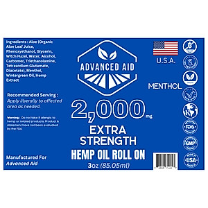 Advanced Aid: Extra Strength 2000mg Hemp Extract Roll On Menthol, Non-GMO Ultra-Pure Organic Made in The USA 90ml Read Description