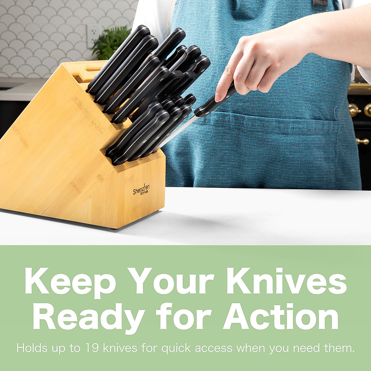 Shenzhen Knives 20 Slot Universal Knife Block: X-Large Bamboo Finish Wood Knife Block without Knives Countertop Butcher Block Knife Holder and Organizer with Wide Slots for Easy Kitchen Knife Storage